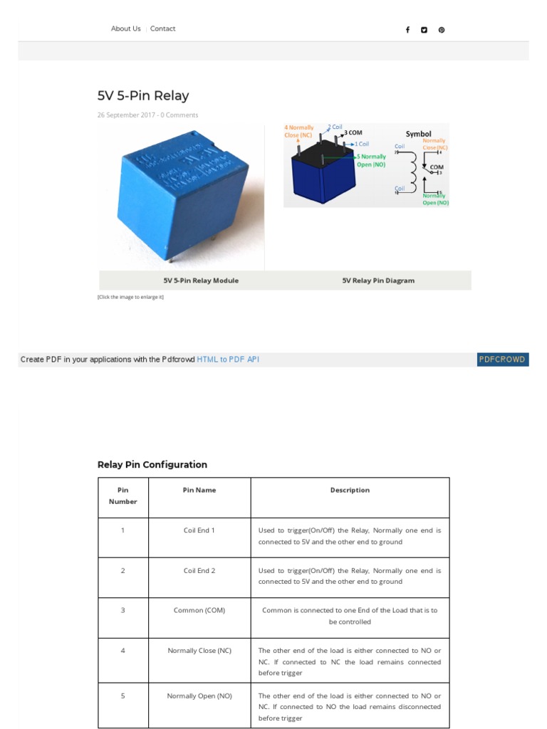 Components101 Com 5v Relay Pinout Working Datasheet | PDF | Relay | Switch