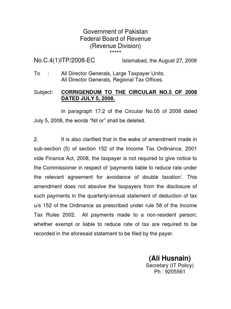 Government of Pakistan Federal Board of Revenue (Revenue Division) No.C ...