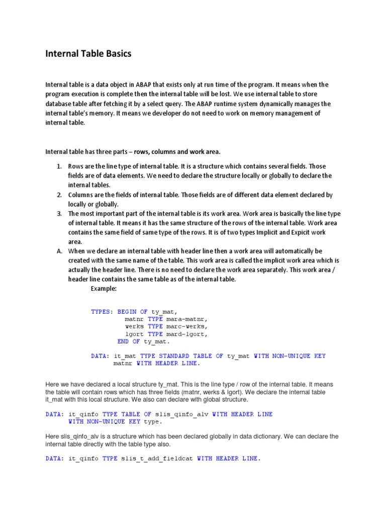 Internal Table Basics: Standard vs Sorted Tables | PDF | Database Index | Control Flow