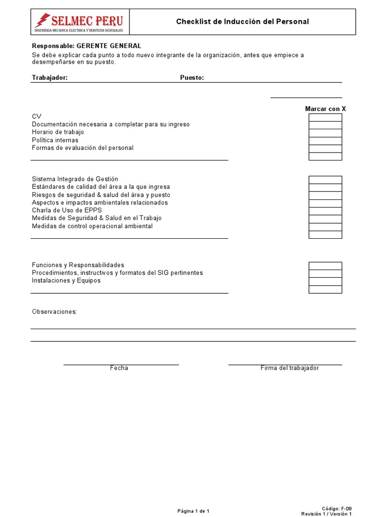 F-08 Checklist de Inducción Del Personal | PDF
