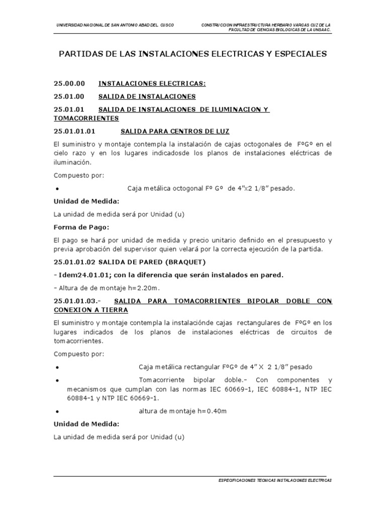 4 Especificaciones Tecnicas Instalaciones Electricas | Descargar gratis PDF | Hormigón | Cemento