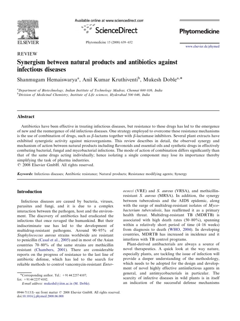 Synergism Between Natural Products and Antibiotics Against Infectious ...