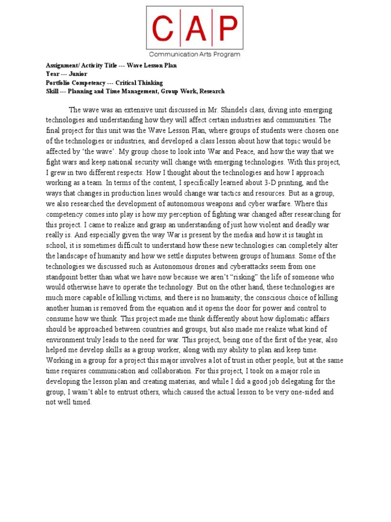 CAP Portfolio Coversheet - Wave Lesson Plan | PDF | Lesson Plan | Cognition