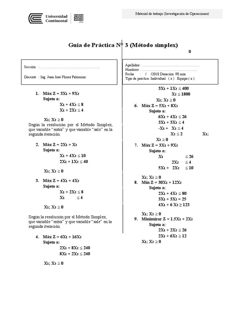 GUÍA PRÁCTICA #3 Prog - Lineal. Método Simplex | PDF | Enseñanza de matemática | Science