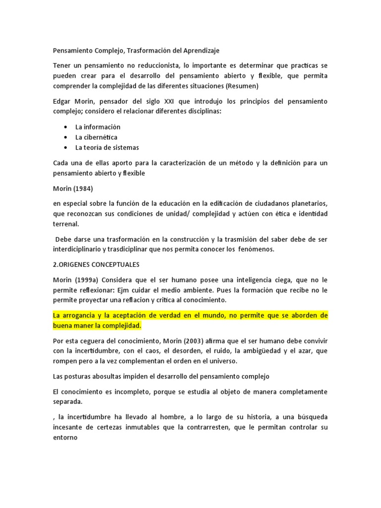 Pensamiento Complejo | PDF | Complejidad | Conocimiento