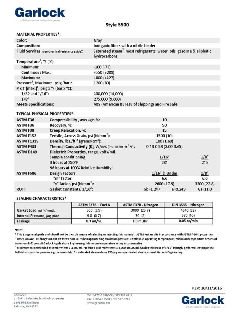 Garlock Style 5500 Material Properties | PDF | Materials | Building ...