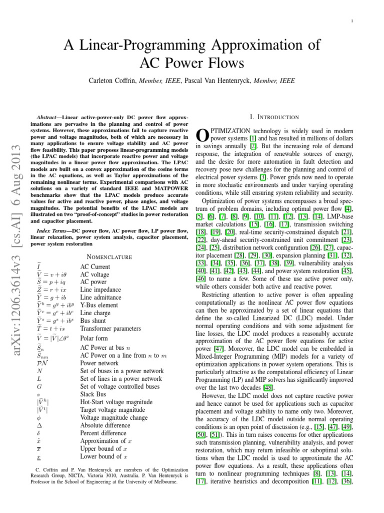 A Linear-Programming Approximation of AC Power Flows: Carleton Coffrin, Member, IEEE, Pascal Van ...