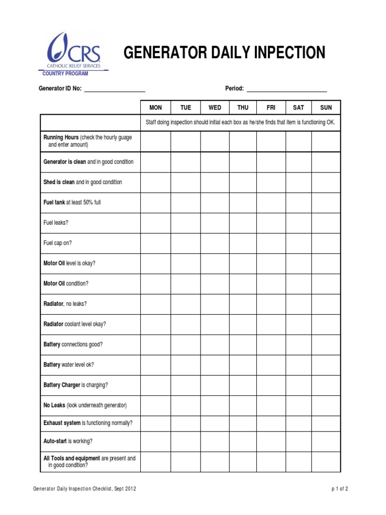 Generator Daily Inpection: Generator ID No: Period: MON TUE WED THU FRI ...