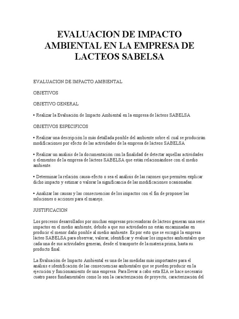 Evaluacion de Impacto Ambiental en La Empresa de Lacteos Sabelsa | PDF | Evaluación de impacto ...