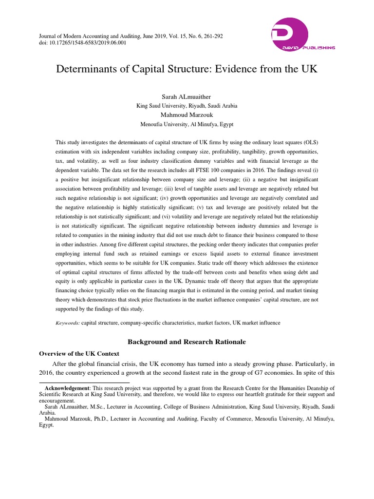 Al Muaither and Marzouk (2019) | PDF | Capital Structure | Financial ...
