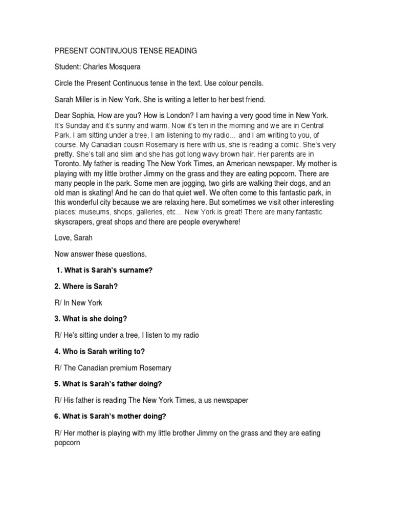 PRESENT CONTINUOUS TENSE READING | PDF