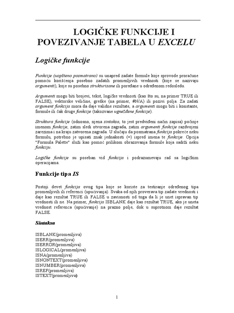 Logicke Funkcije I Povezivanje Tabela U Excelu | PDF