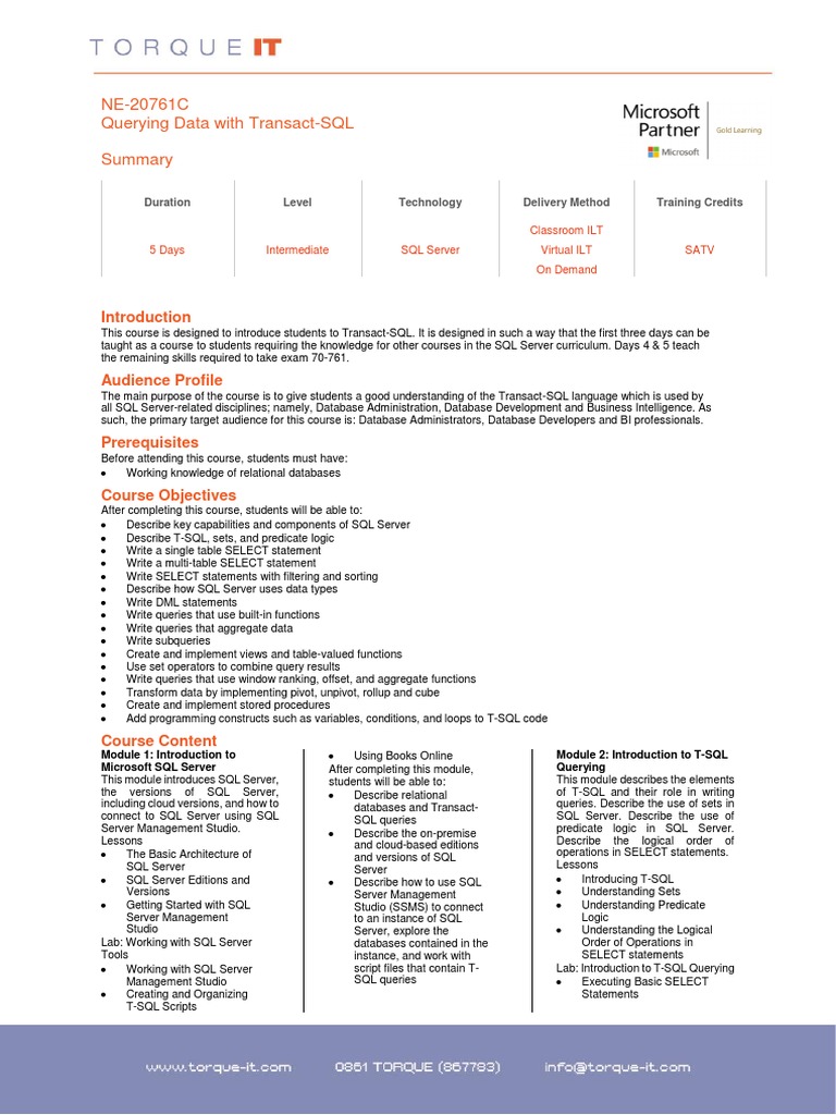 NE-20761C Querying Data With Transact-SQL: Duration Level Technology ...