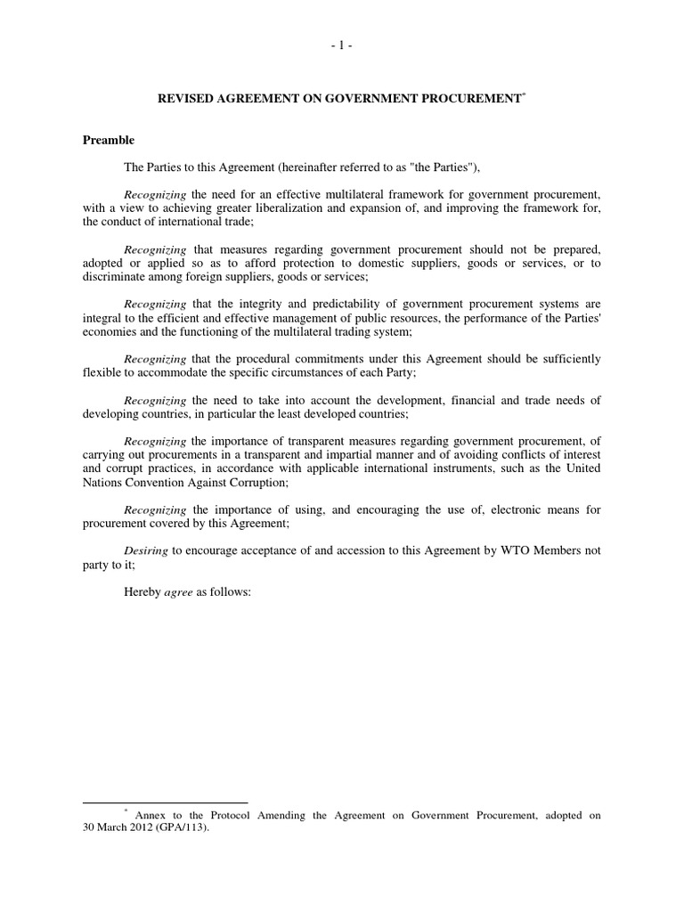 WTO (2014) - The Revised Agreement On Government Procurement - The ...