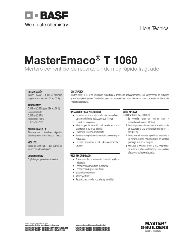 Master Emaco T1060 - Ficha Técnica | PDF | Hormigón | Agua