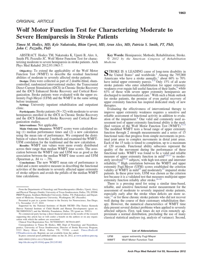 Wolf Motor Function Test For Characterizing Moderate To Severe ...
