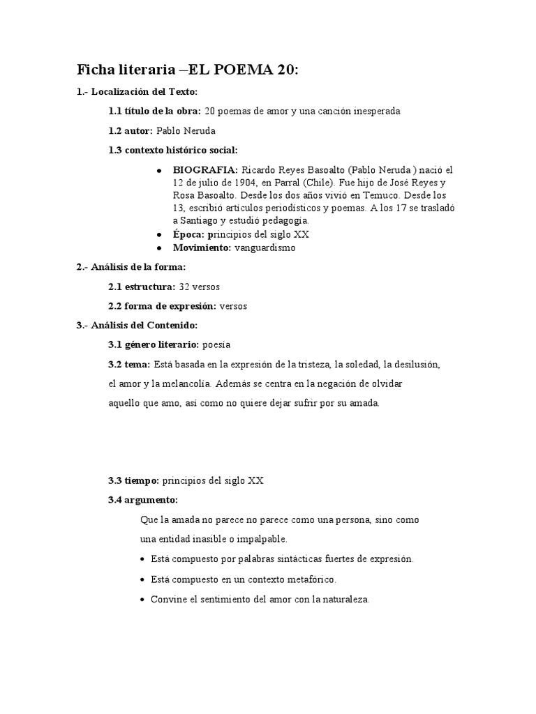 Análisis del Poema 20 de Neruda | PDF | Clásicos