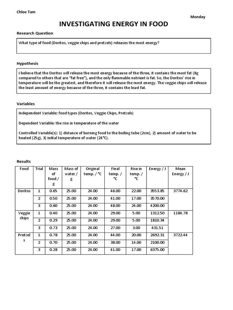 Investigating Energy in Food: Research Question | PDF | Foods | Heat