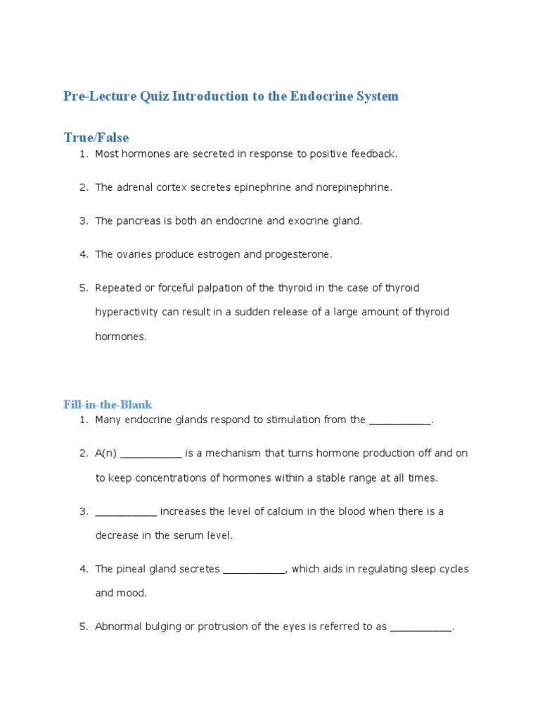 Pre-Lecture Quiz Introduction To The Endocrine System True/False ...