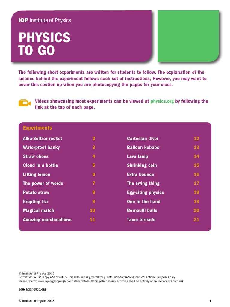 Physics To Go: Experiments | PDF | Balloon | Sunglasses