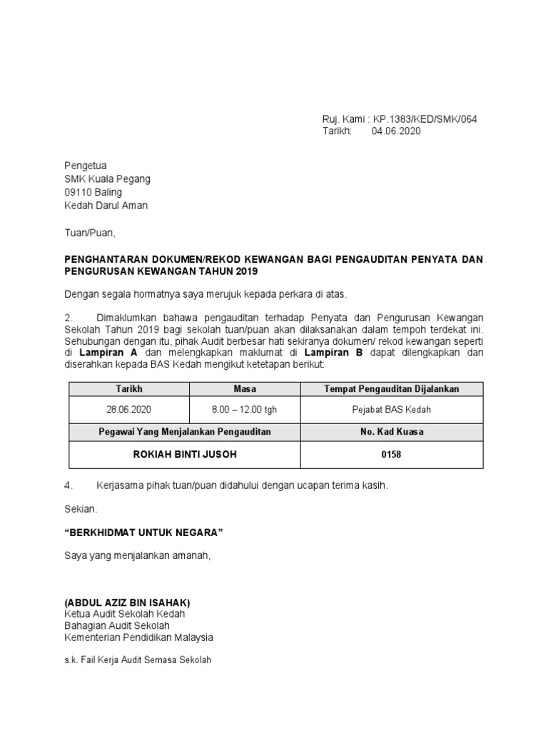 Penghantaran Dokumen/Rekod Kewangan Bagi Pengauditan Penyata Dan ...