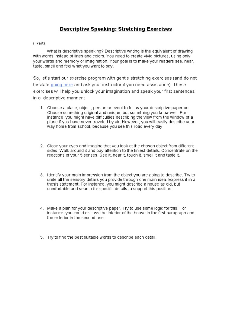 Descriptive Speaking Exercises Guide | PDF | Imagination | Perception
