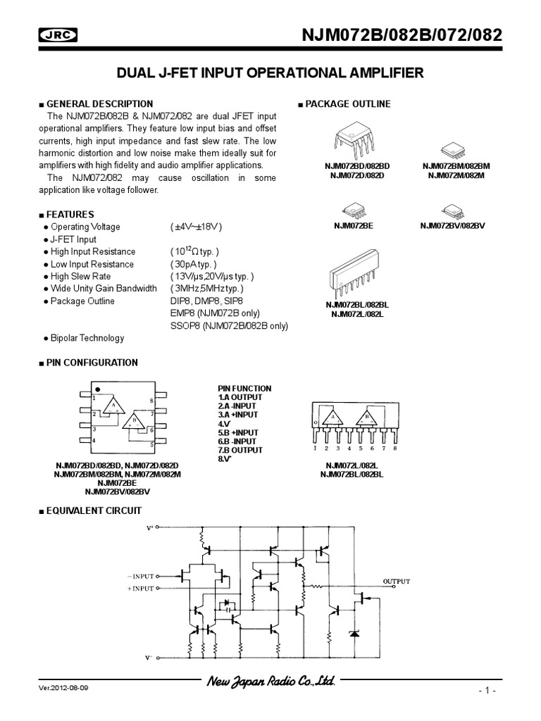 NJM072B/082B/072/082: Dual J-Fet Input Operational Amplifier | PDF ...