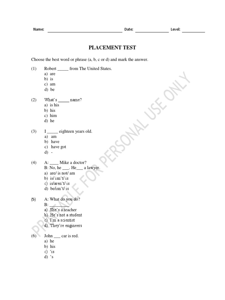 Placement Test A1 A2 | PDF