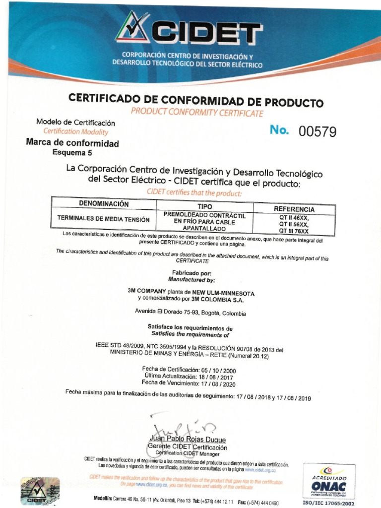 Certificado Terminales Premoldeados | PDF
