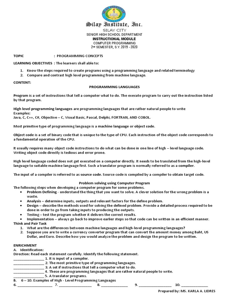 Instructional Module Pdf Method Computer Programming Class Computer Programming