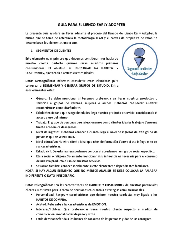 Guia para El Lienzo Early Adopter | PDF | Cliente | Consumo (economía)