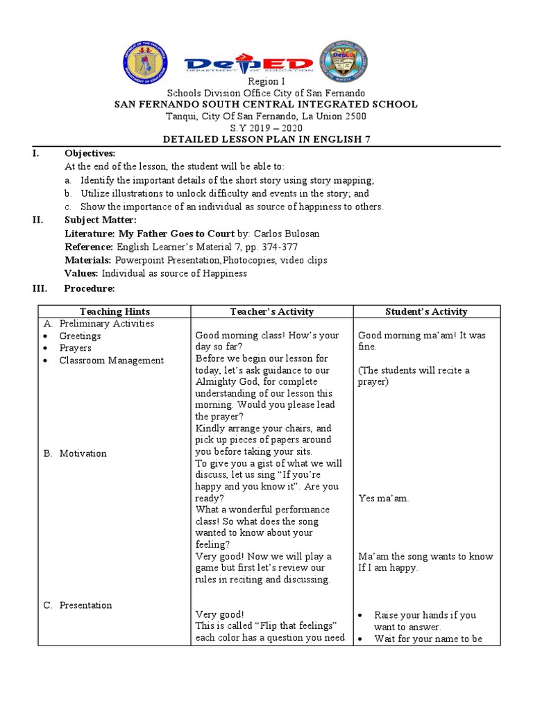 Lesson Plan: My Father Goes to Court | PDF | Lesson Plan | Behavior ...