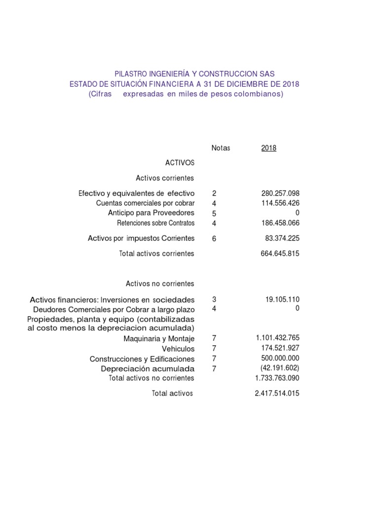 Presentacion Estados Financieros 2018 PDF | PDF | Depreciación | Contabilidad