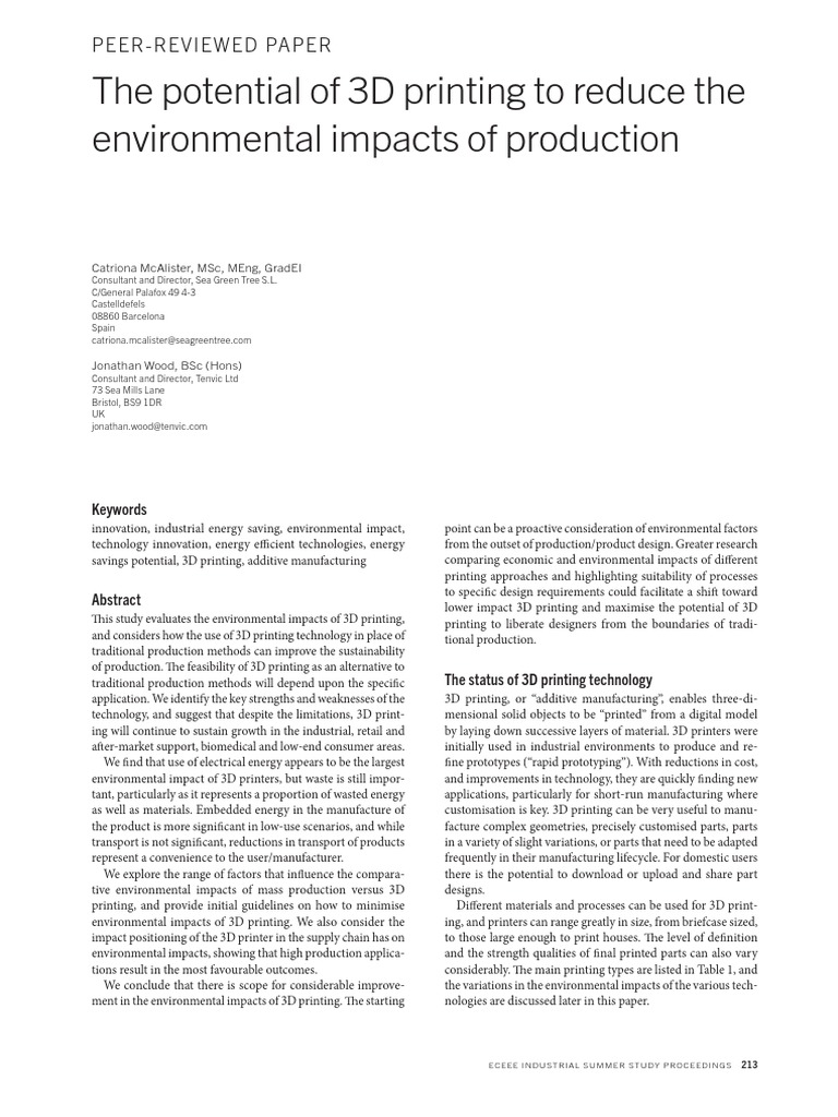 The Potential of 3D Printing To Reduce The Environmental Impacts of ...