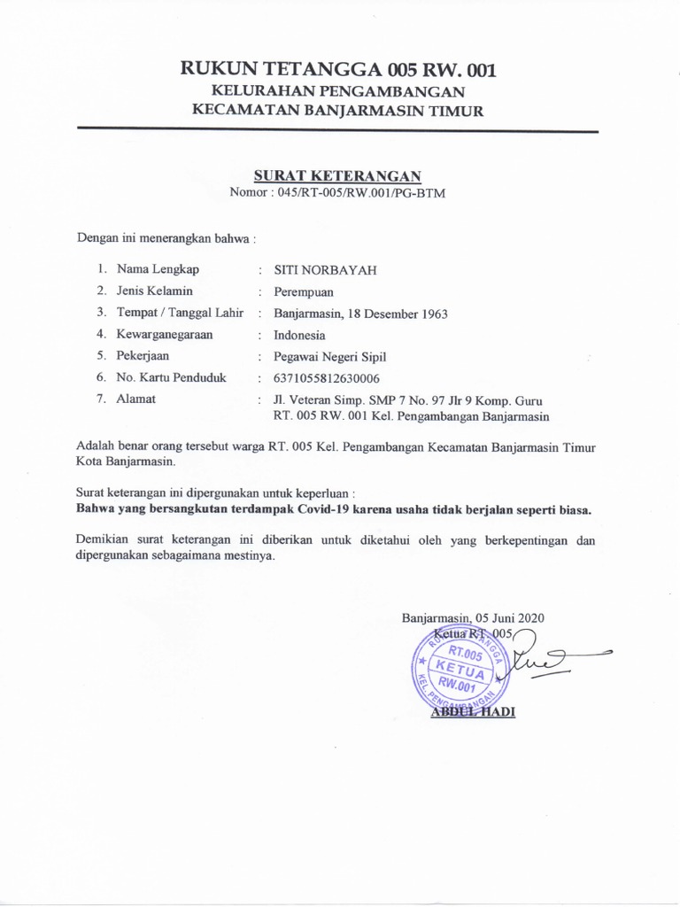 Surat Keterangan RT