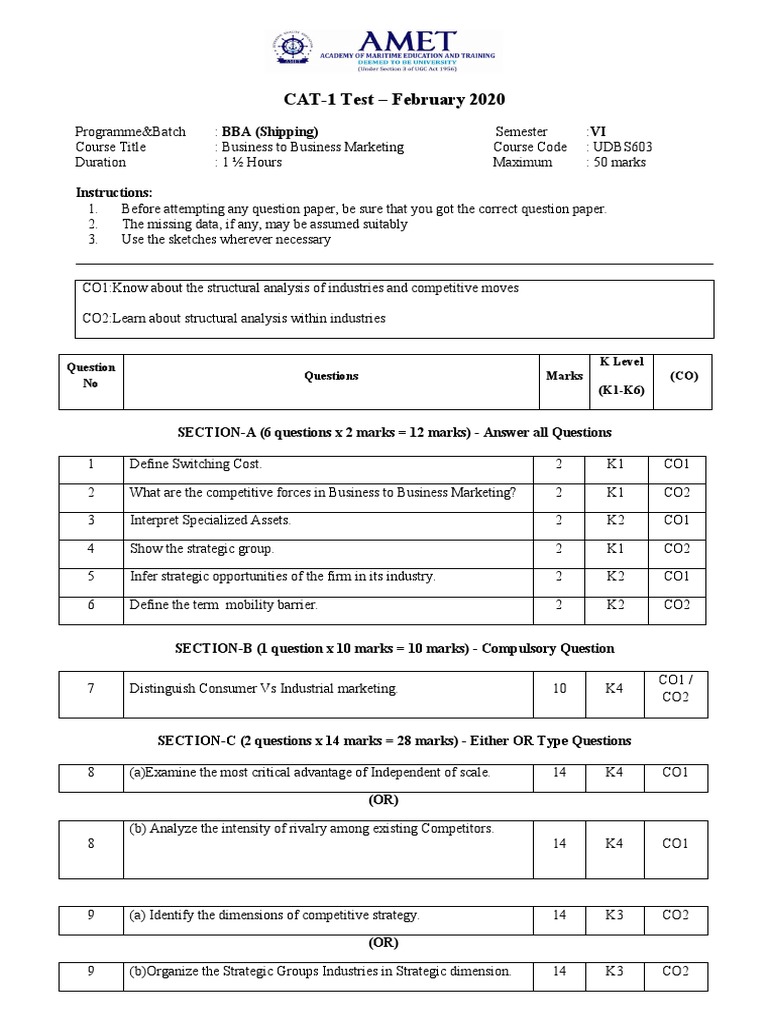 BBA CAT-1 Question Paper - B2B | PDF | Marketing | Microeconomics