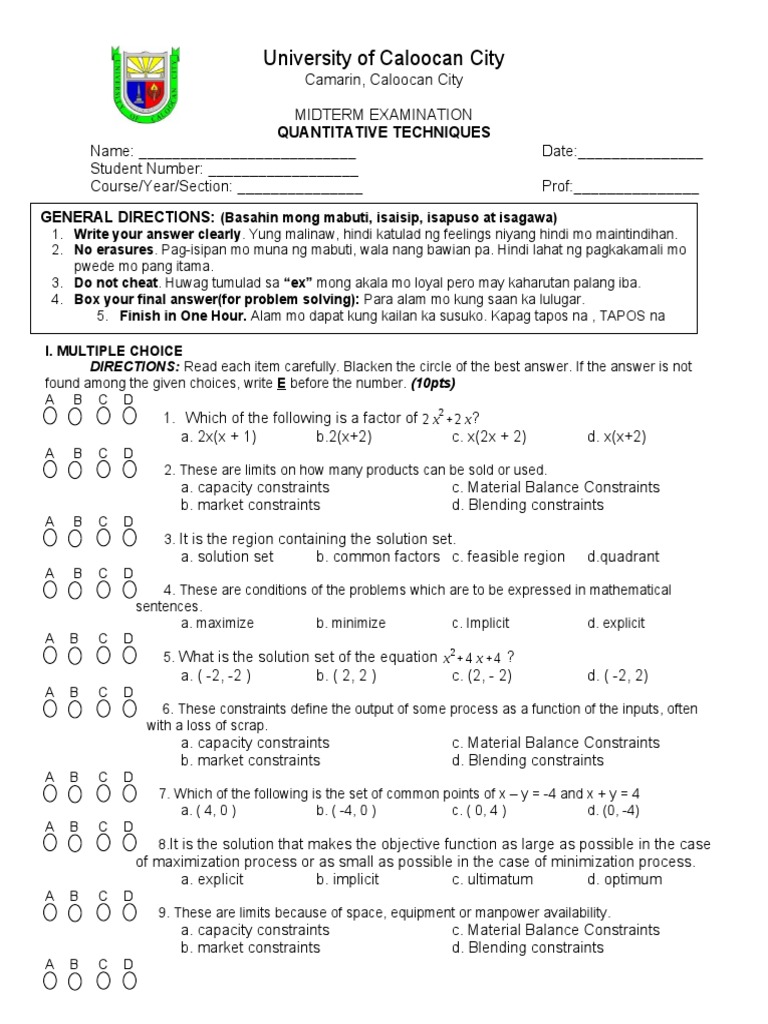 Management Science Quiz | PDF | Mathematical Optimization | Linear Programming