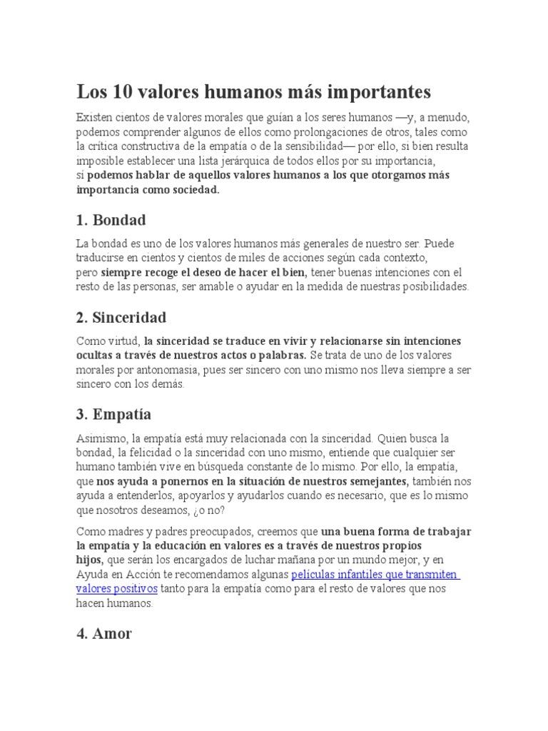 Los 10 Valores Humanos Más Importantes | PDF | Empatía | Perdón