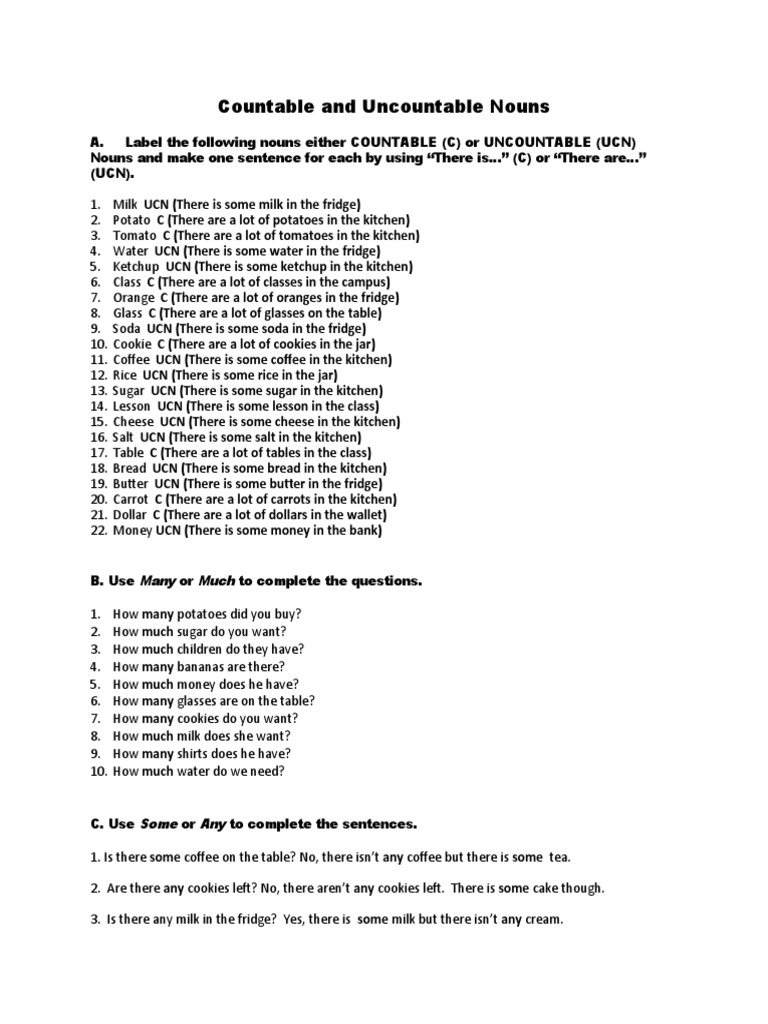 Countable and Uncountable Nouns Exercise | PDF
