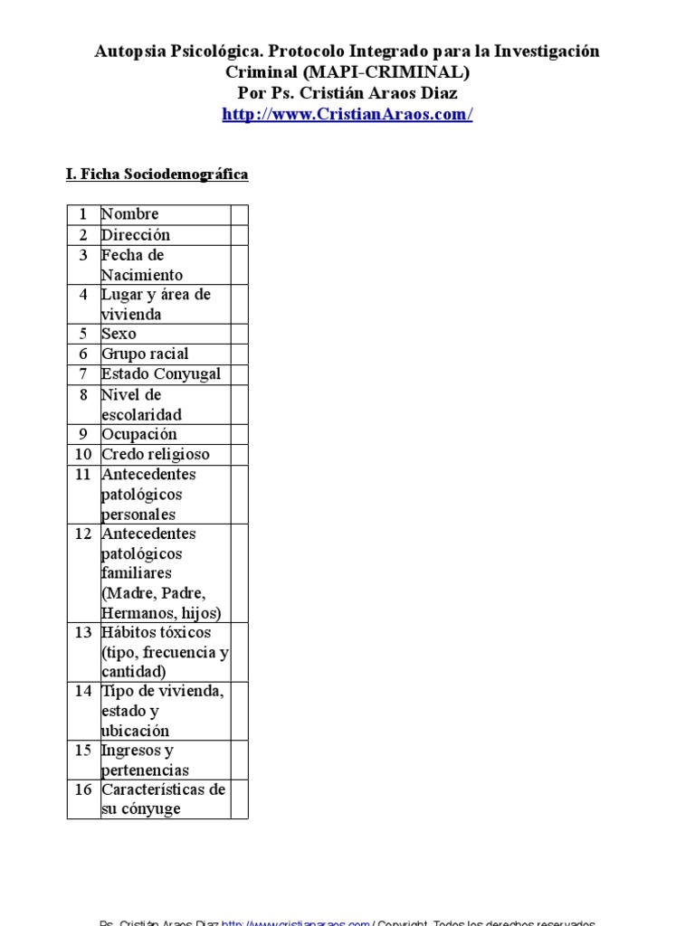 Protocolo de Autopsia Psicológica (Mapi-Criminal) | PDF | Adultos | Sicología