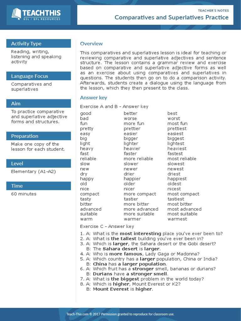 Comparative and Superlative - Rules + Ex | PDF | English As A Second Or ...