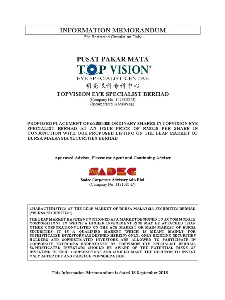 TOPVISION Eye Specialist Berhad - Information Memorandum - 2 PDF | PDF ...