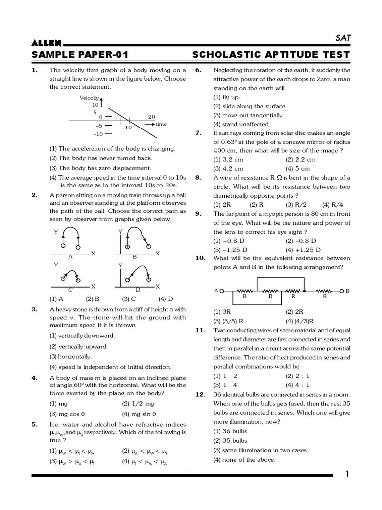 Sample Paper-01 Scholastic Aptitude Test: SAT Allen | PDF | Cell ...