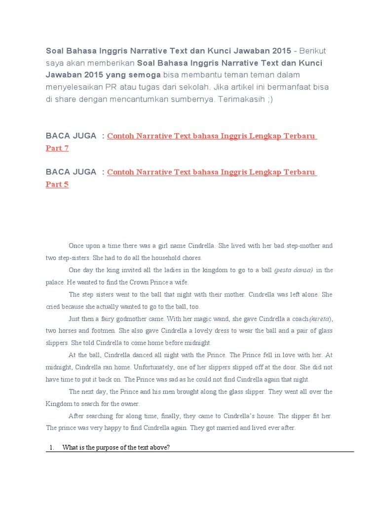 Soal Bahasa Inggris Narrative Text Dan Kunci Jawaban 2015 | PDF ...