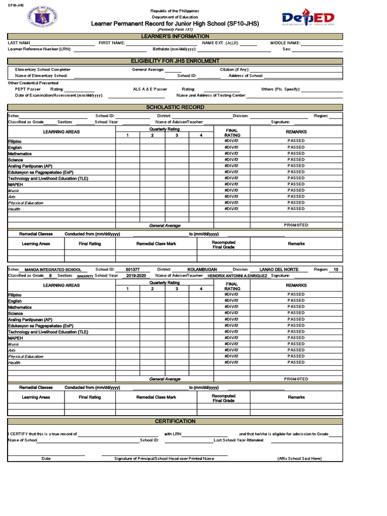 Learner Permanent Record For Junior High School (SF10-JHS) | PDF | Cognition | Behavior Modification