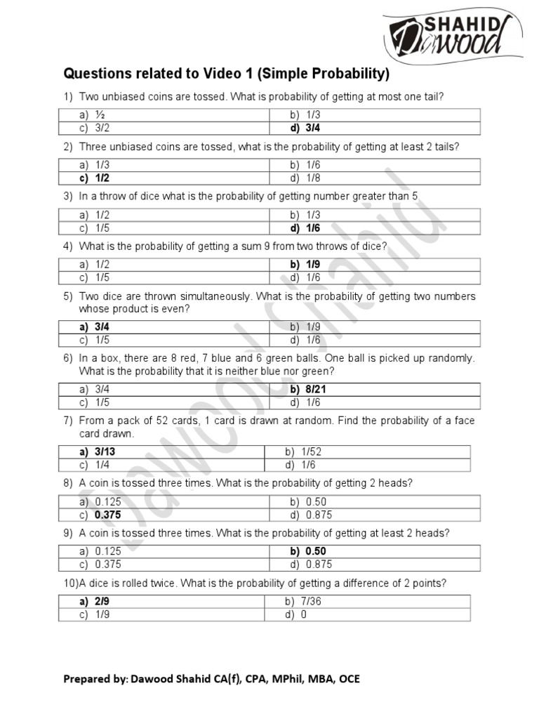 Questions Related To Probability | PDF | Odds | Probability