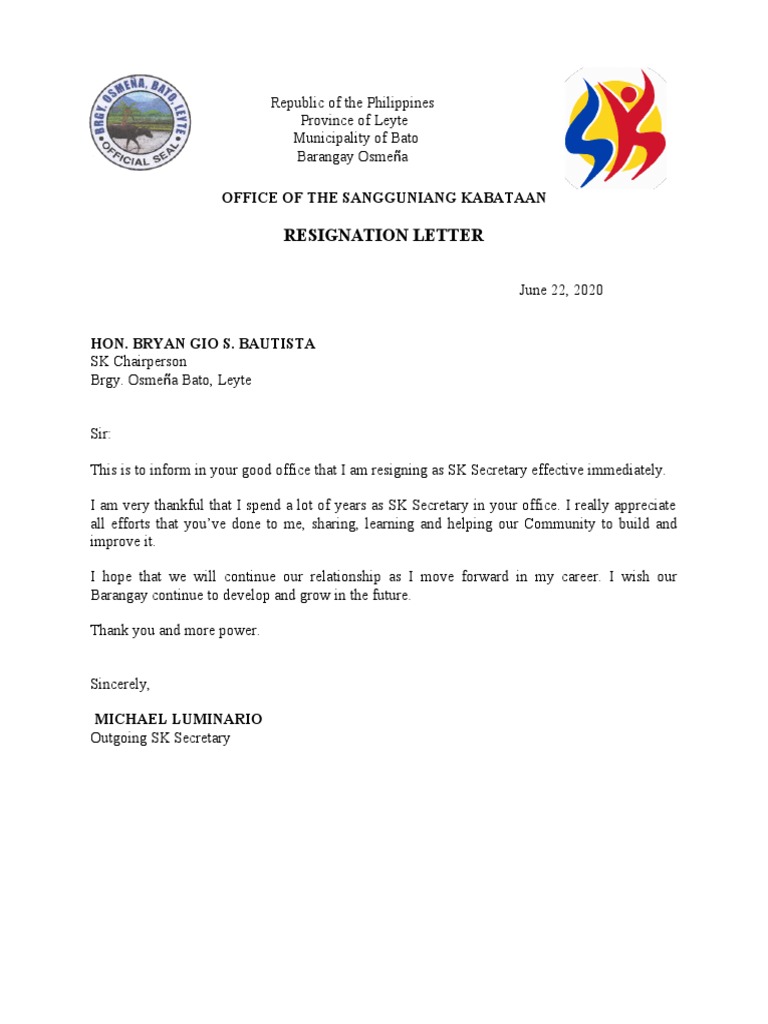 Resignation Letter: Office of The Sangguniang Kabataan | PDF