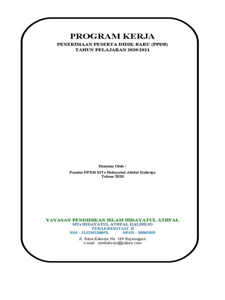Program Kerja PPDB MTs Hidayatul Athfal Kalirejo | PDF