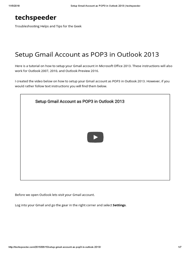 Setup Gmail POP3 in Outlook 2013 | PDF | Gmail | Microsoft Outlook