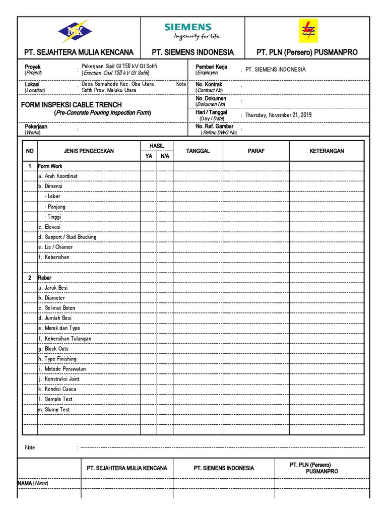 Form Inspeksi Cable Trench | PDF